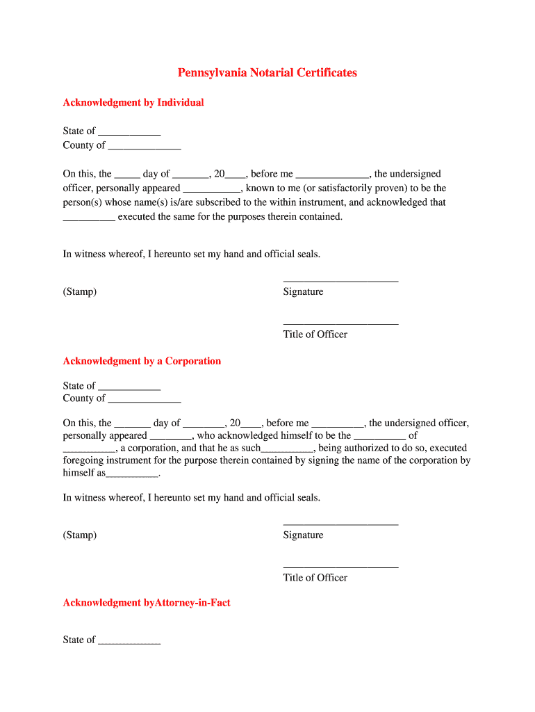 Fillable Online Pennsylvania Notarial Certificates - notary public ...