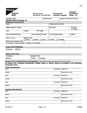 Fillable Online Employee Principal Life Enrollment Des Moines IA 50392 ...