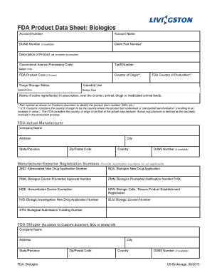 Fillable Online FDA Product Data Sheet Biologics - Livingston ...