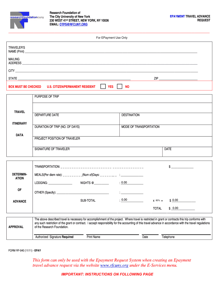 Fillable Online baruch cuny EPayment Travel Advance Request Form - baruch cuny Fax Email Print ...