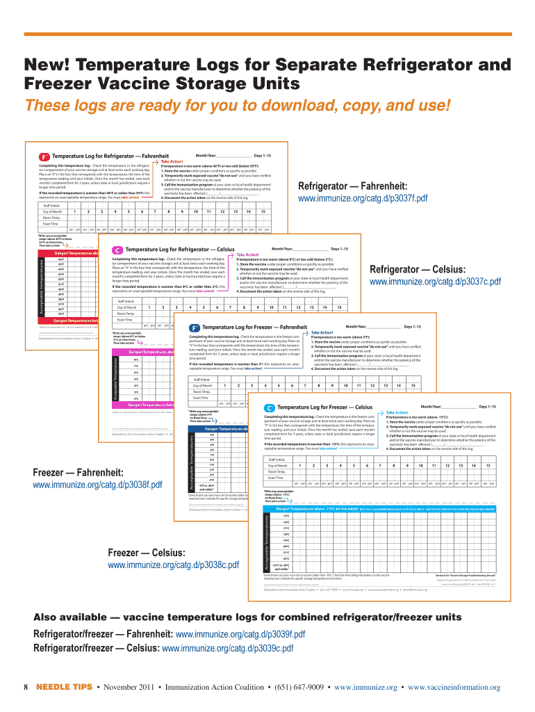 Fillable Online immunize New Temperature Logs for Separate Refrigerator ...