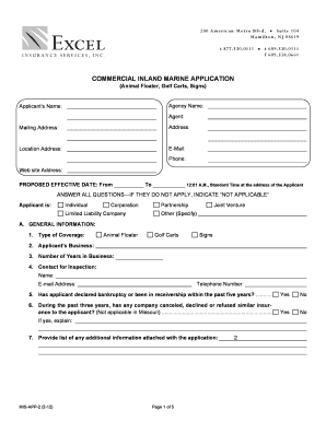 Fillable Online Inland Marine Application - excelinscom Fax Email Print ...