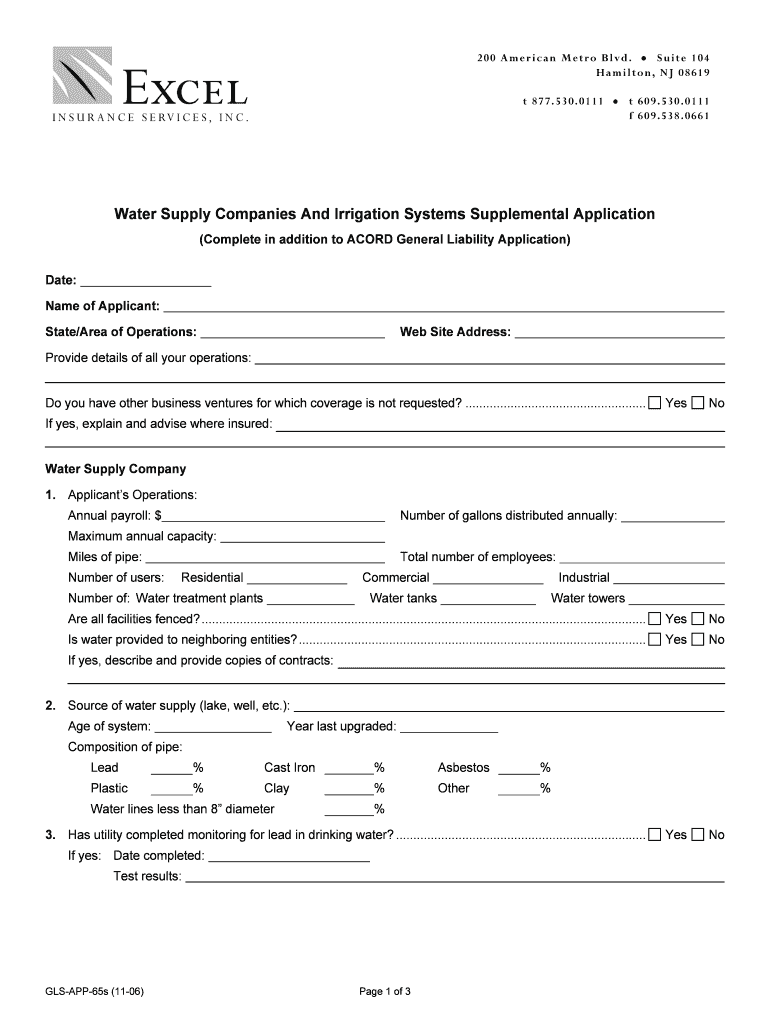 Fillable Online Water Supply Companies - Excel Insurance Services Inc Fax Email Print - pdfFiller