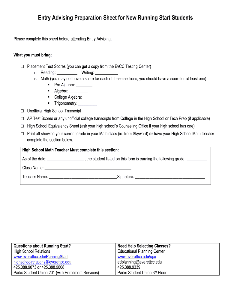 Fillable Online everettcc Entry Advising Preparation Sheet for New ...