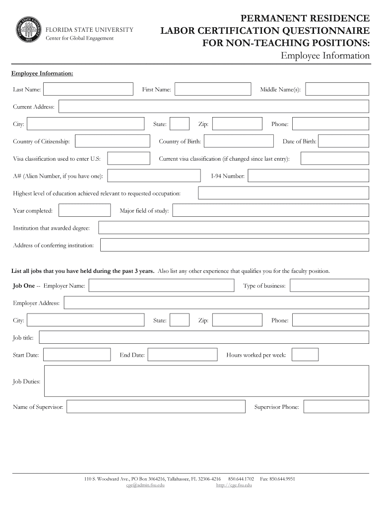 Fillable Online cge fsu PERMANENT RESIDENCE LABOR CERTIFICATION ...