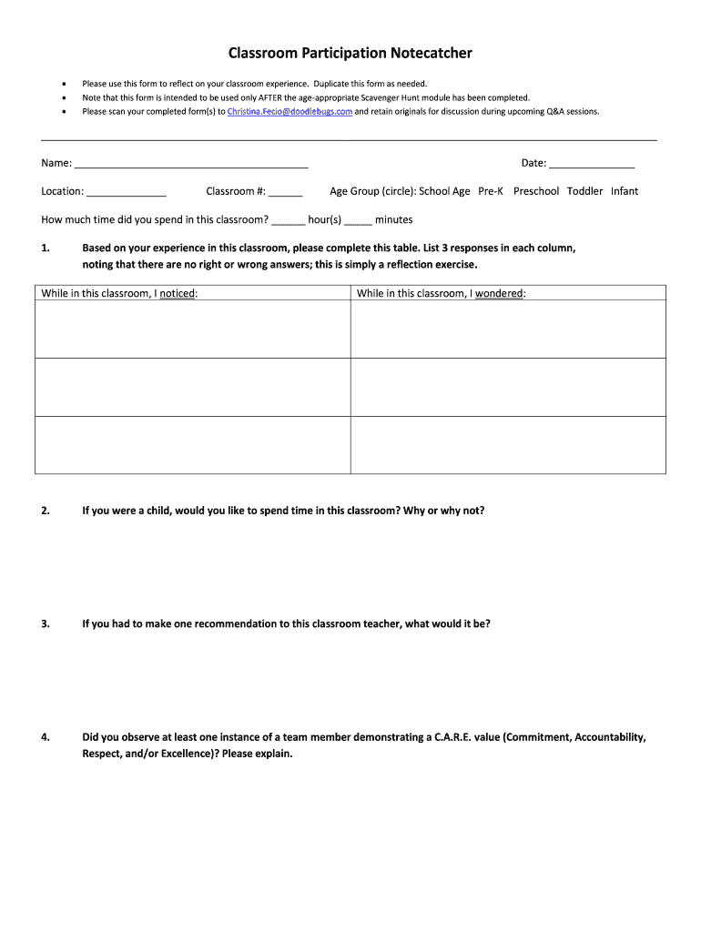 Fillable Online Classroom Participation Notecatcher Fax Email Print - pdfFiller