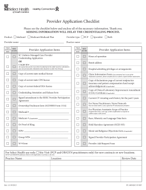 Fillable Online Provider Application Checklist - selecthealthofsccom ...