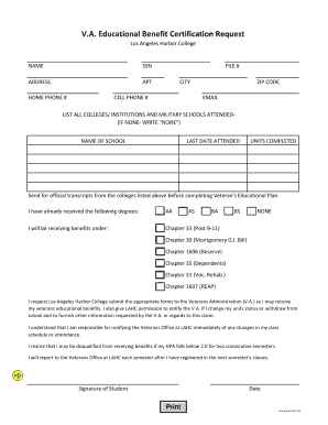 Fillable Online lahc VA Educational Benefit Certification Request Fax ...