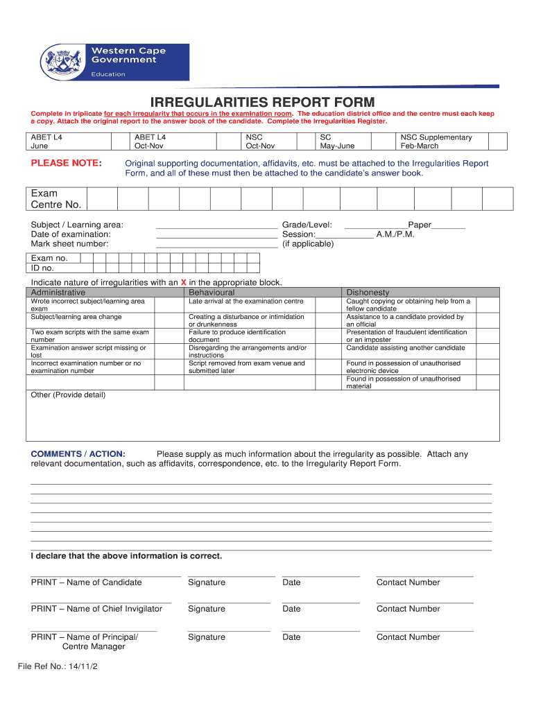 Fillable Online wced pgwc gov IRREGULARITIES REPORT FORM Fax Email ...