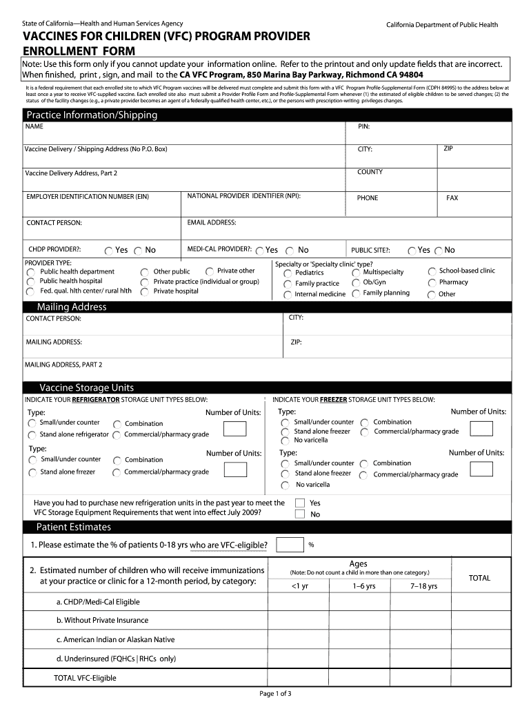 Fillable Online eziz VACCINES FOR CHILDREN VFC PROGRAM PROVIDER ...