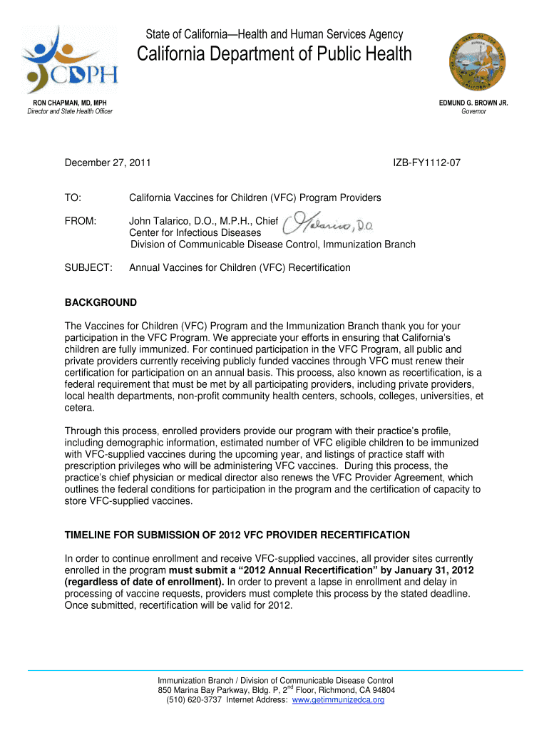 Fillable Online eziz Annual Vaccines for Children (VFC) Recertification ...