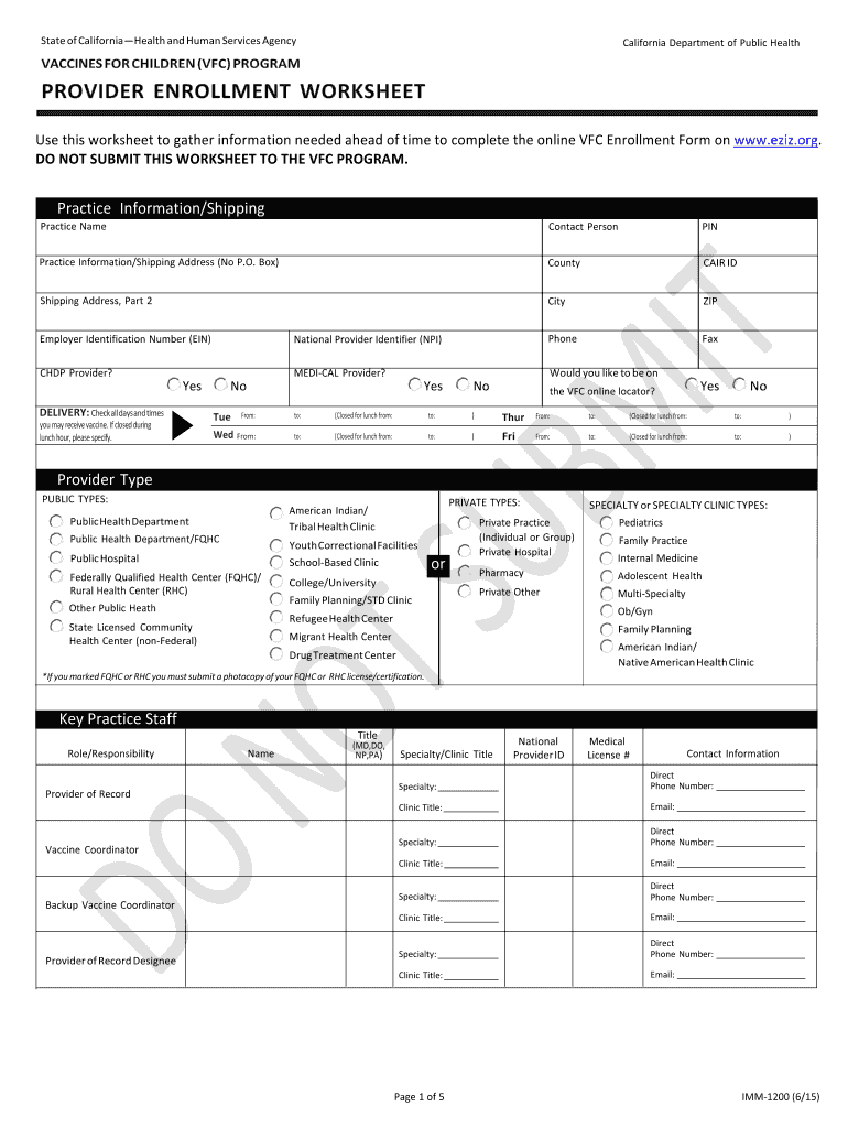 Fillable Online eziz VACCINES FOR CHILDREN (VFC) PROGRAM - eziz Fax ...