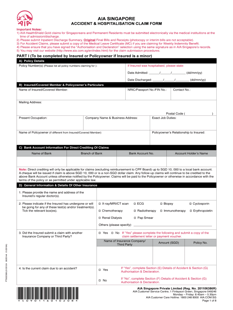 Fillable Online Accident and Hospitalisation Claim Form - Aia Fax Email ...