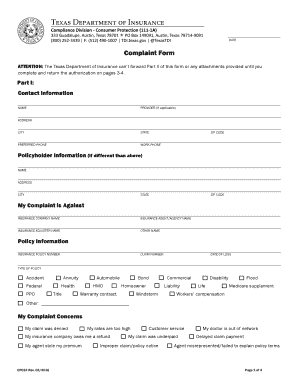 Fillable Online insurance tx Complaint Form - Texas Fax Email Print ...