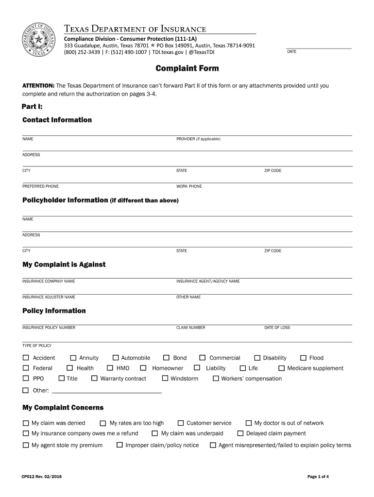 Fillable Online insurance tx Complaint Form - Texas Fax Email Print ...