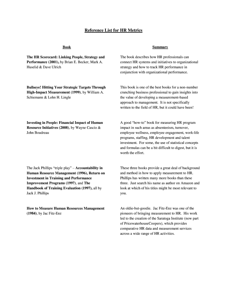Fillable Online Reference List For HR Metrics Fax Email Print PdfFiller