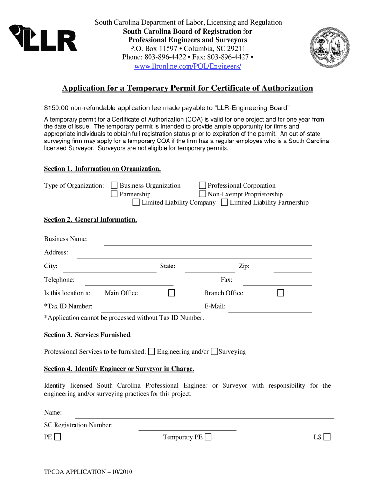 Fillable Online llr sc South Carolina Board of Registration - LLR Fax ...