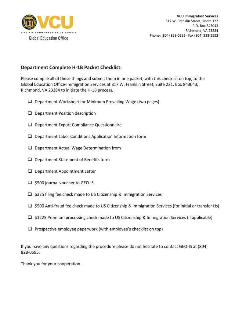 Fillable Online global vcu Department Complete H-1B Packet Checklist ...