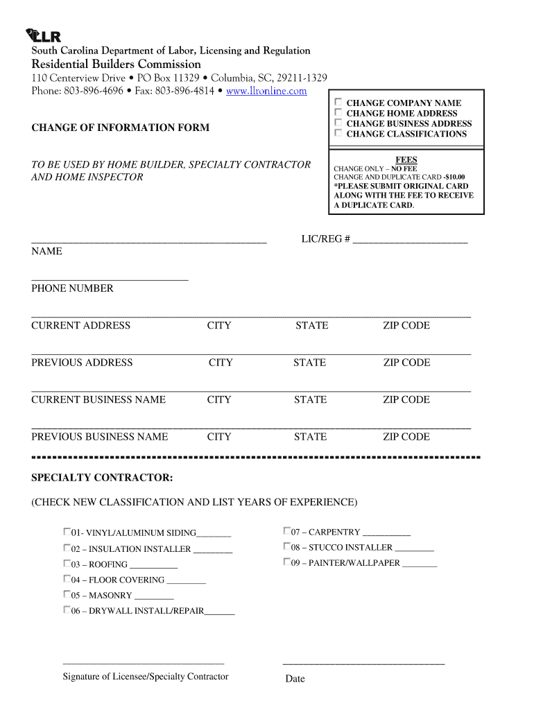 Fillable Online llr sc Residential Builders Commission Fax Email Print ...