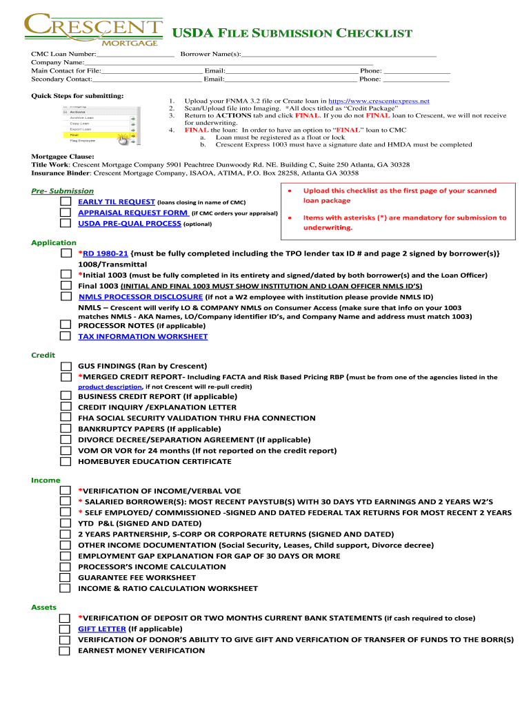 Fillable Online mycrescent USDA FILE SUBMISSION CHECKLIST - Crescent ...