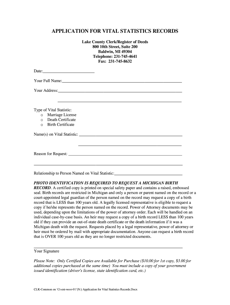 Fillable Online APPLICATION FOR VITAL STATISTICS RECORDS Fax Email ...
