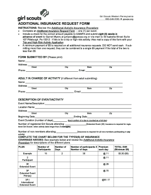 Fillable Online gswpa ADDITIONAL INSURANCE REQUEST FORM - Girl Scouts ...