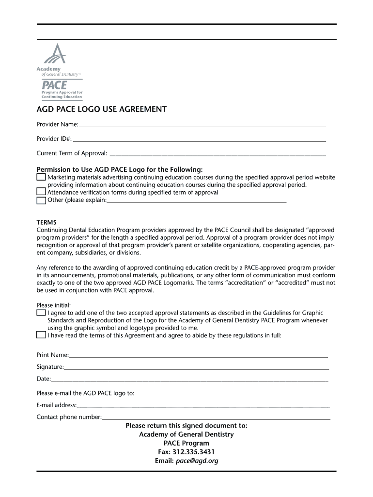 Fillable Online agd AGD PACE LOGO USE AGREEMENT Fax Email Print - pdfFiller