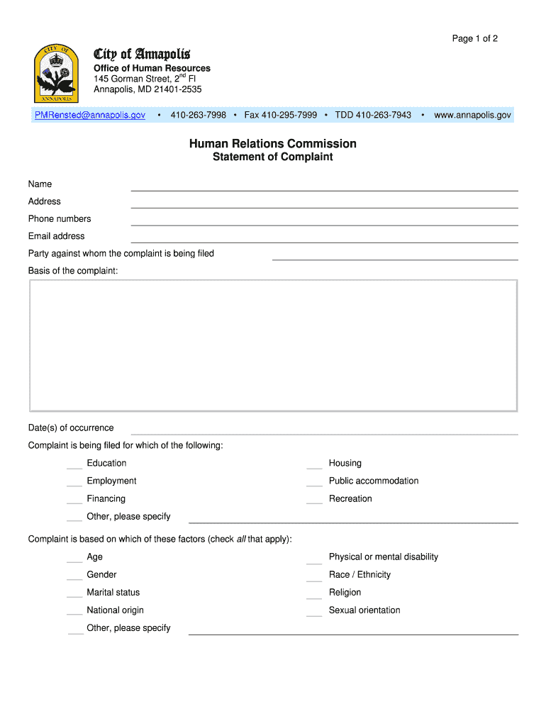 Fillable Online annapolis Human Relations Commission Complaint Form Fax ...
