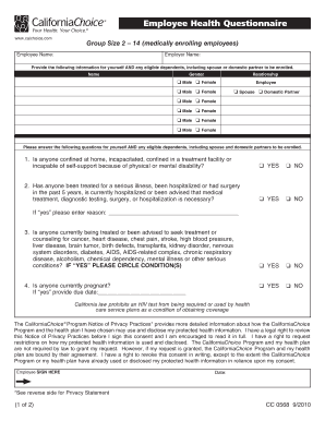 Fillable Online CaliforniaChoiceEmployee Health Questionnaire CC 0568 ...