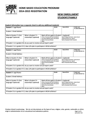 Fillable Online clonlara 2014-2015 Printable New Enrollment - Clonlara School Fax Email Print ...