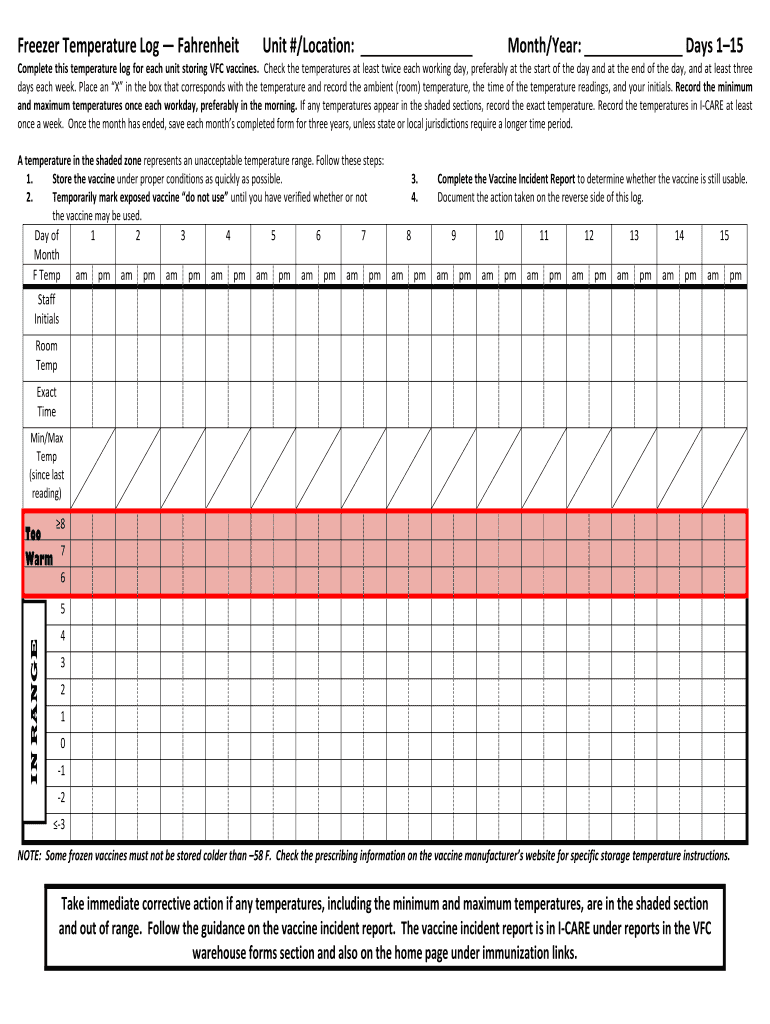 Fillable Online Freezer Temperature Log Fahrenheit Fax Email Print ...