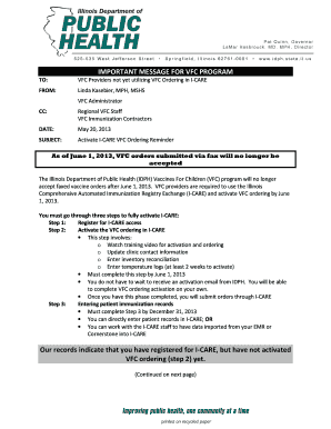 Fillable Online illinoisaap VFC Provider Notice To Activate I-CARE VFC ...