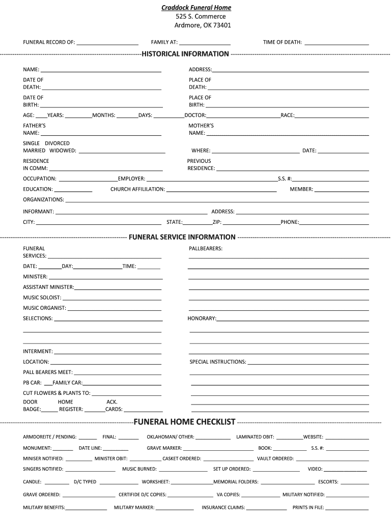 Fillable Online FUNERAL SERVICE INFORMATION Fax Email Print - pdfFiller