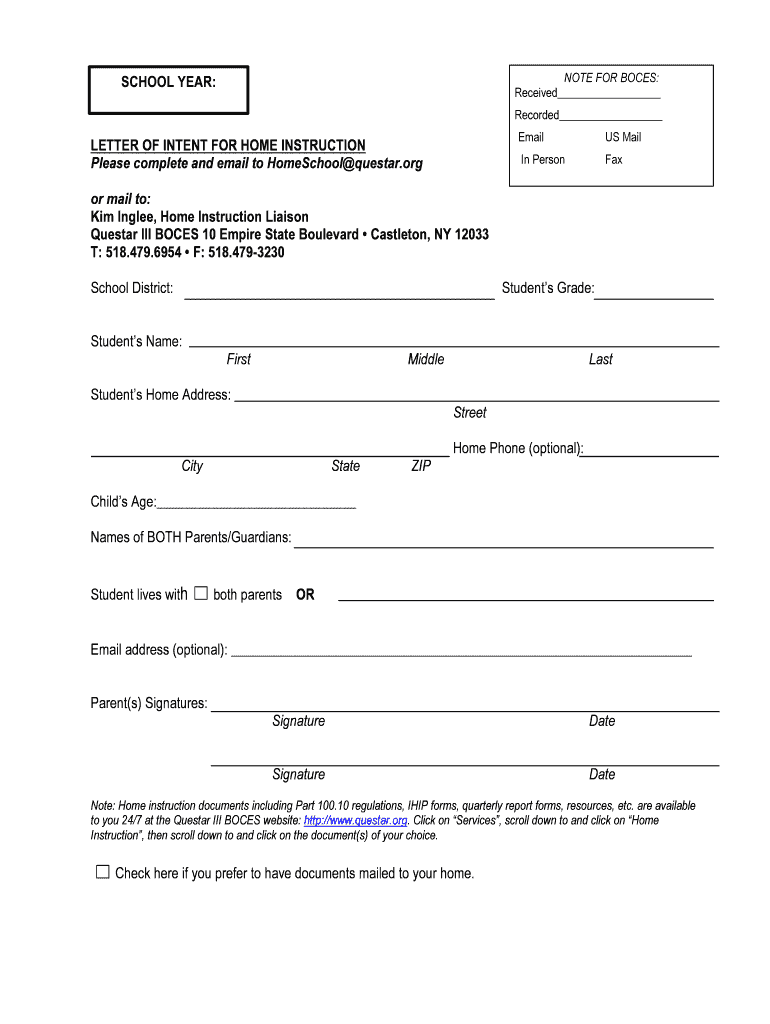 Fillable Online questar Or mail to Kim Inglee Home Instruction Liaison ...