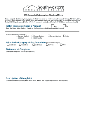 Fillable Online southwesterncc SCC Complaint Information Sheet and Form ...