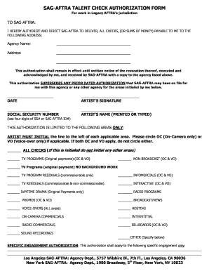 Fillable Online SAGAFTRA TALENT CHECK AUTHORIZATION FORM Fax Email Print - pdfFiller