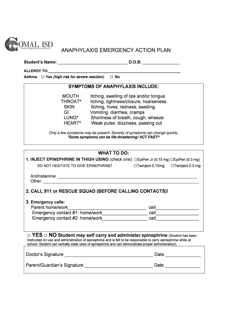 Anaphylaxis Emergency Action Plan - Blank Fillable Template | Fill Out ...