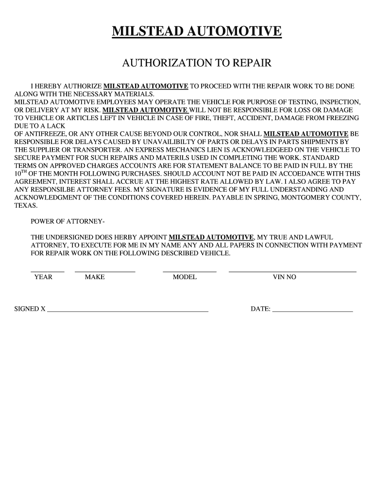 Fillable Online AUTHORIZATION TO REPAIR - Milstead Automotive Fax Email ...
