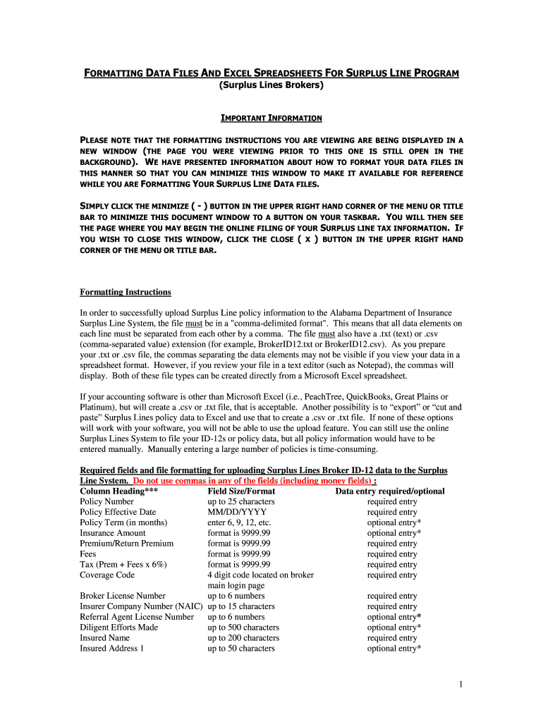 Fillable Online aldoi FORMATTING DATA FILES AND EXCEL SPREADSHEETS FOR ...