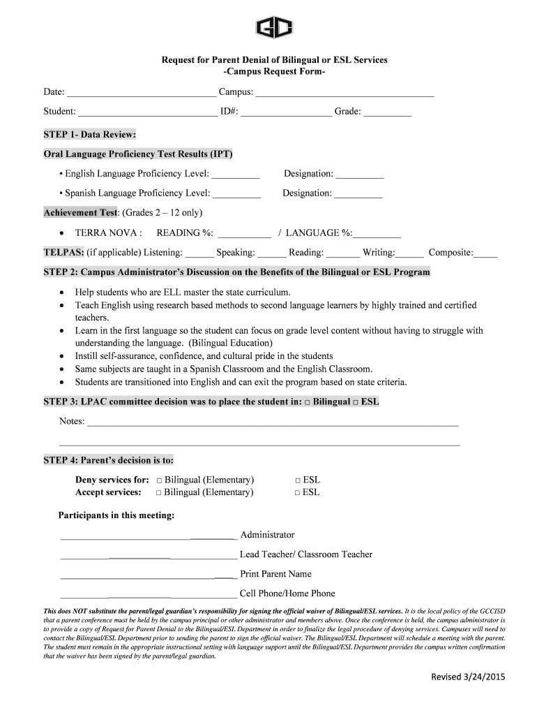 Fillable Online gccisd 10 Request for Parent Denial of Bilingual or ESL ...