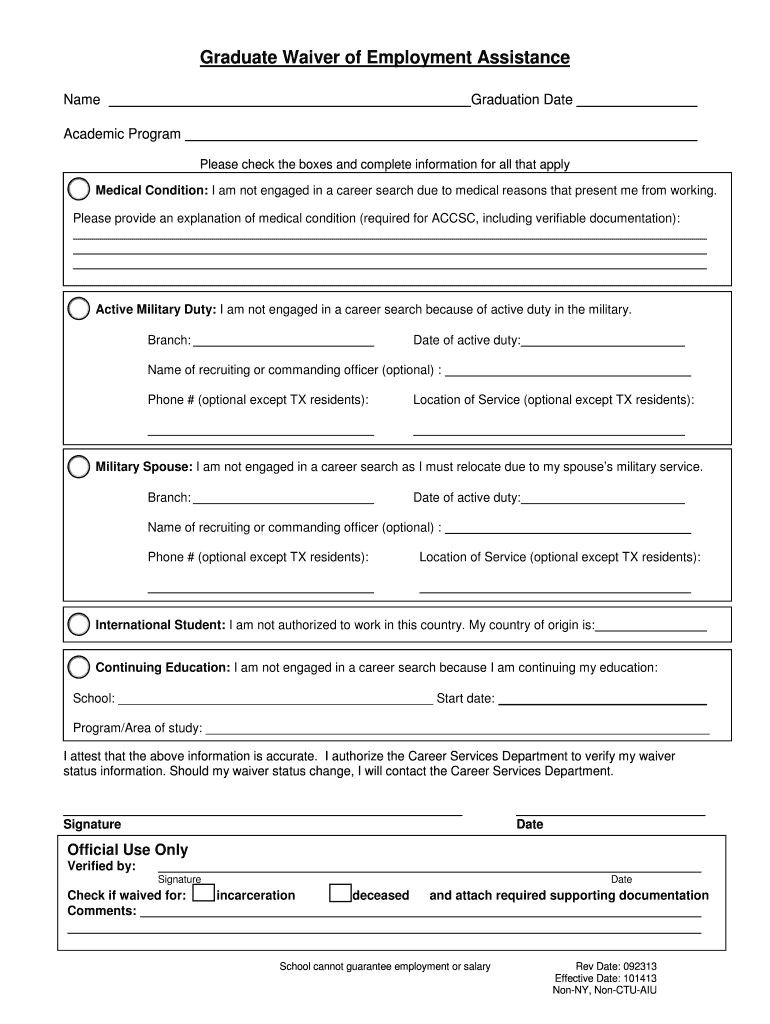 Fillable Online schiller Waiver of Employment Assistance Fax Email ...