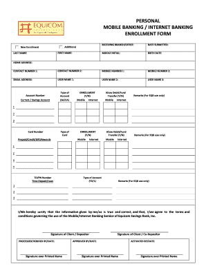 Fillable Online PERSONAL MOBILE BANKING INTERNET BANKING ENROLLMENT FORM Fax Email Print - pdfFiller