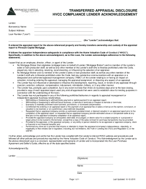 Fillable Online TRANSFERRED APPRAISAL DISCLOSURE HVCC COMPLIANCE LENDER ...
