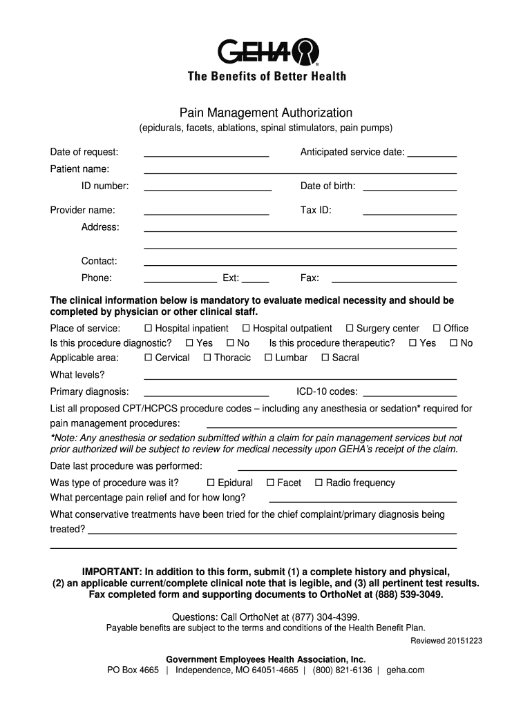 Fillable Online Pain Management Authorization - GEHA Fit Federal ...
