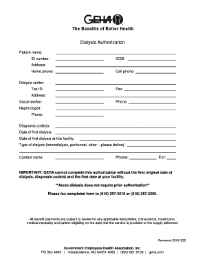 Fillable Online Dialysis Authorization - GEHA Fit Federal Employees Fax ...