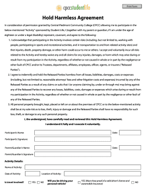 Fillable Online cpcc Hold Harmless Agreement - Welcome to CPCC Fax ...