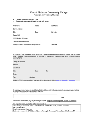 Fillable Online cpcc CPCC ACCUPLACER Transcript Request Form 914 Fax Email Print - pdfFiller