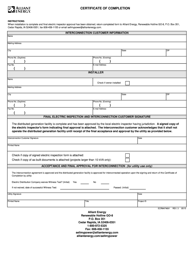 Fillable Online Standard Certificate of Completion - Alliant Energy Fax ...