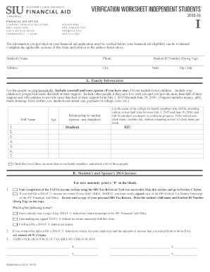 Fillable Online fao siu VERIFICATION WORKSHEET INDEPENDENT STUDENTS VERIFICATION WORKSHEET ...