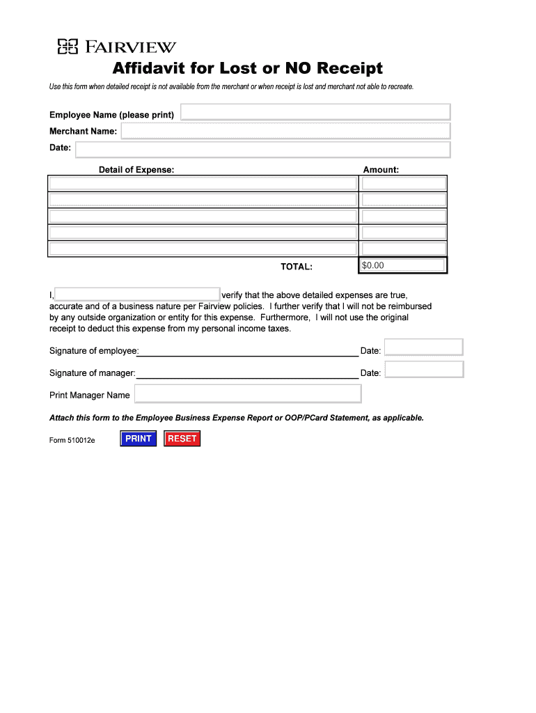 Fillable Online fairview Affidavit for Lost or NO Receipt - fairview ...